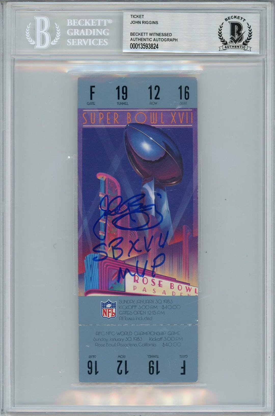 John Riggins Autographed Super Bowl XVII Ticket Stub MVP Beckett Slab ...