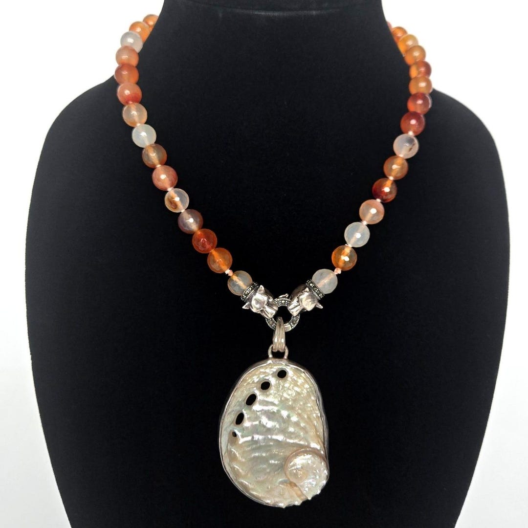 Sterling 925 Lion Panther Marcasite Mother of Pearl Necklace Chunky ...