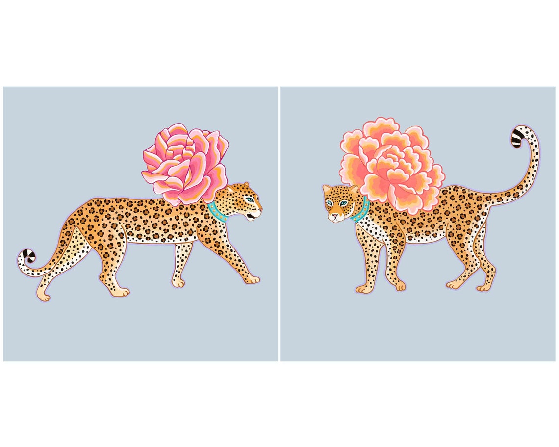 Two Art Prints Chinoiserie Cheetah and Leopard With Asian Peony and ...