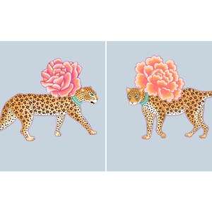 Two Art Prints Chinoiserie Cheetah and Leopard With Asian Peony and ...