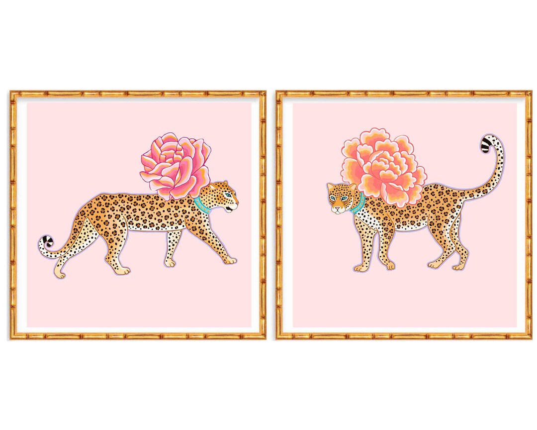 Two Art Prints Chinoiserie Cheetah and Leopard With Asian Peony and ...