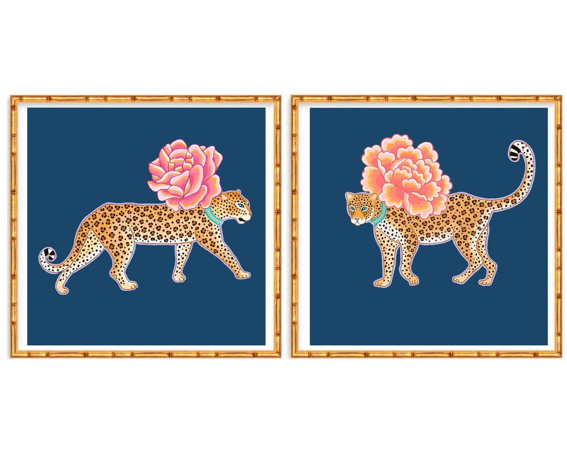 Two Art Prints Chinoiserie Cheetah and Leopard With Asian Peony and ...