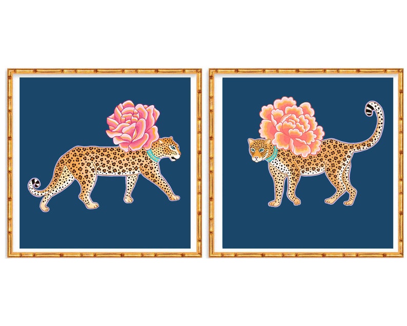 Two Art Prints Chinoiserie Cheetah and Leopard With Asian - Etsy