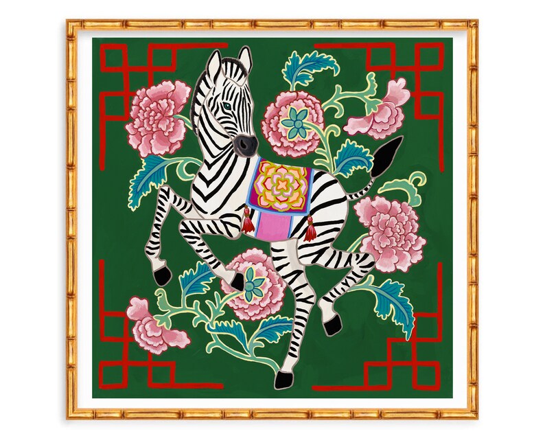 Art Print Chinoiserie Zebra With Asian Peonies - Etsy