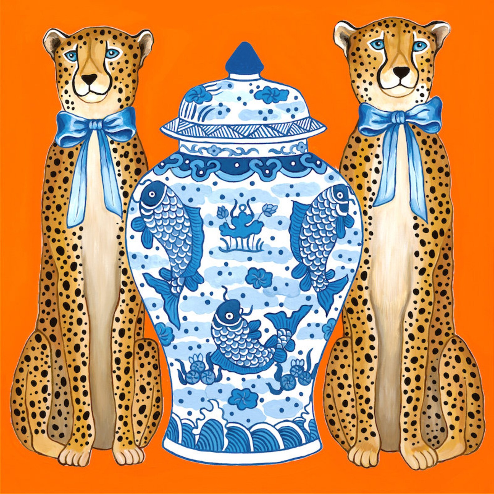 Art Print Preppy Chinoiserie Cheetahs With Blue and White Ginger Jar - Etsy