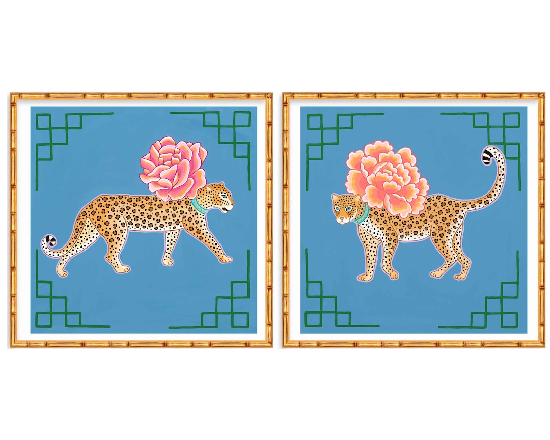 Two Art Prints Chinoiserie Cheetah and Leopard With Asian Peony and ...