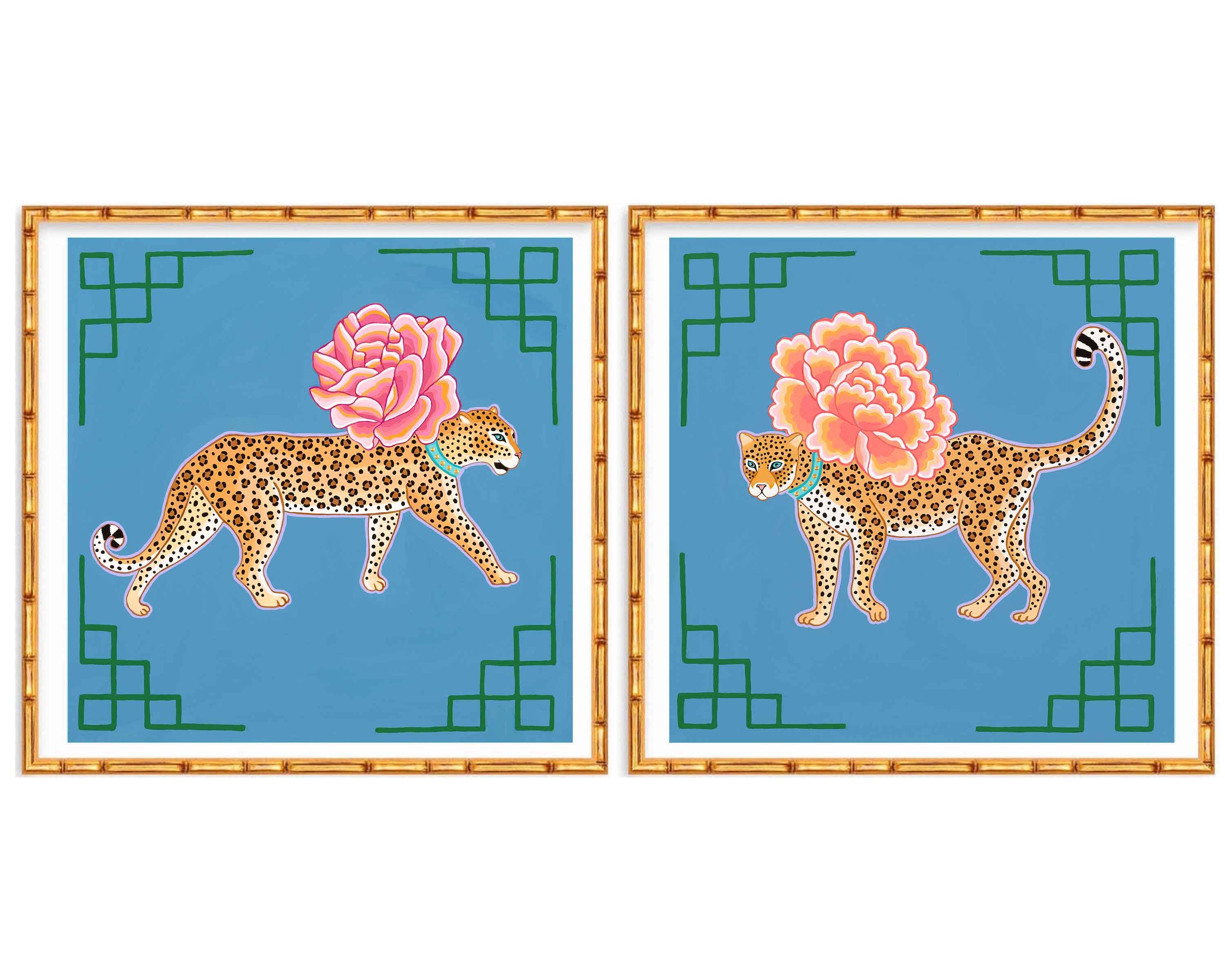 Two Art Prints Chinoiserie Cheetah and Leopard With Asian Peony and ...