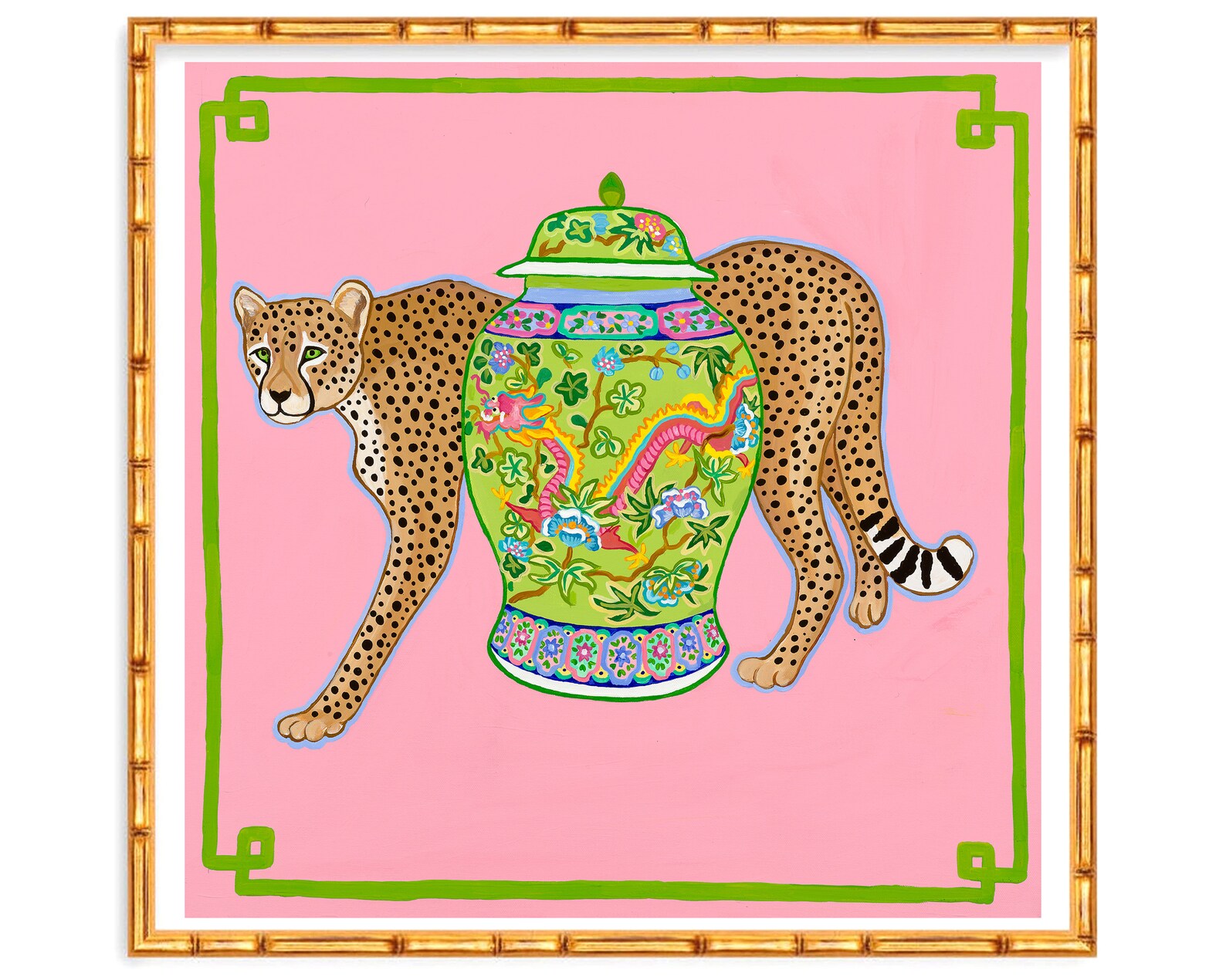 Art Print Preppy Chinoiserie Cheetah With Dragon Ginger Jar - Etsy