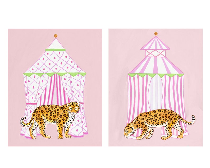 Two Art Prints Chinoiserie Leopards With Striped Cabanas - Etsy