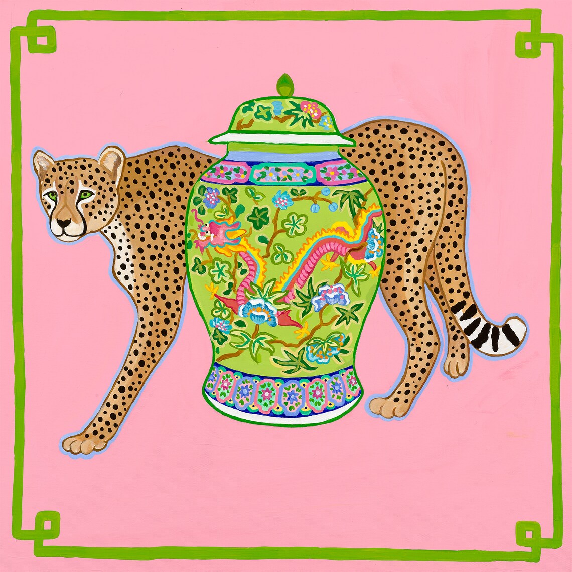 Art Print Preppy Chinoiserie Cheetah With Dragon Ginger Jar - Etsy