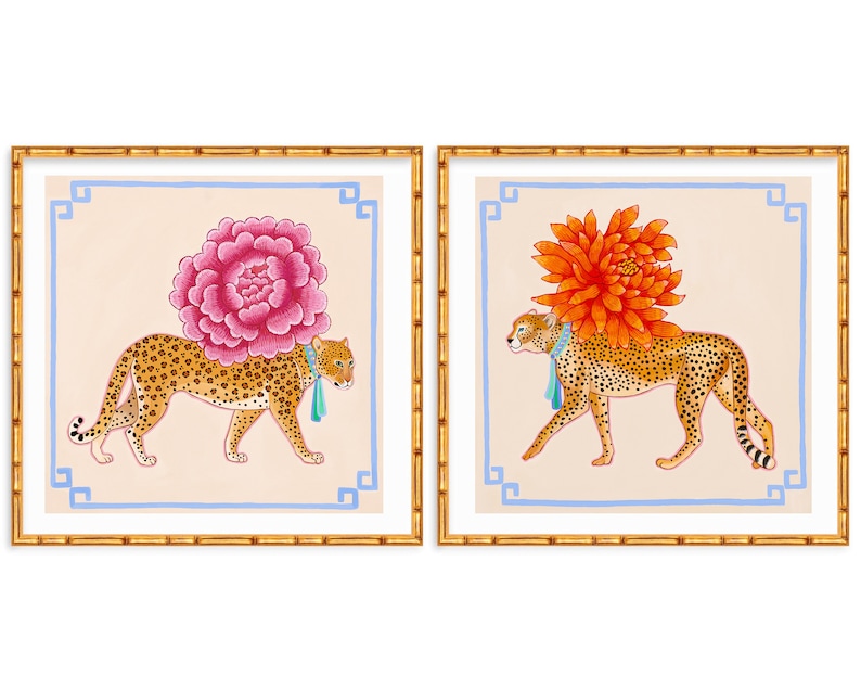 Two Art Prints Chinoiserie Cheetah and Leopard With Asian Peony and ...