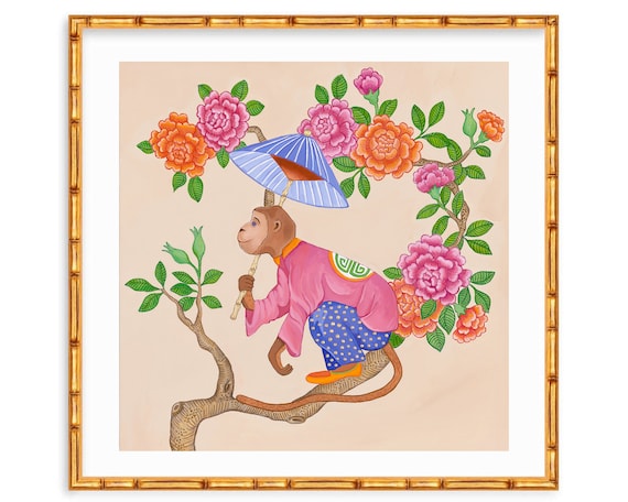 Art Print Chinoiserie Monkey With Umbrella Peonies and Roses | Etsy