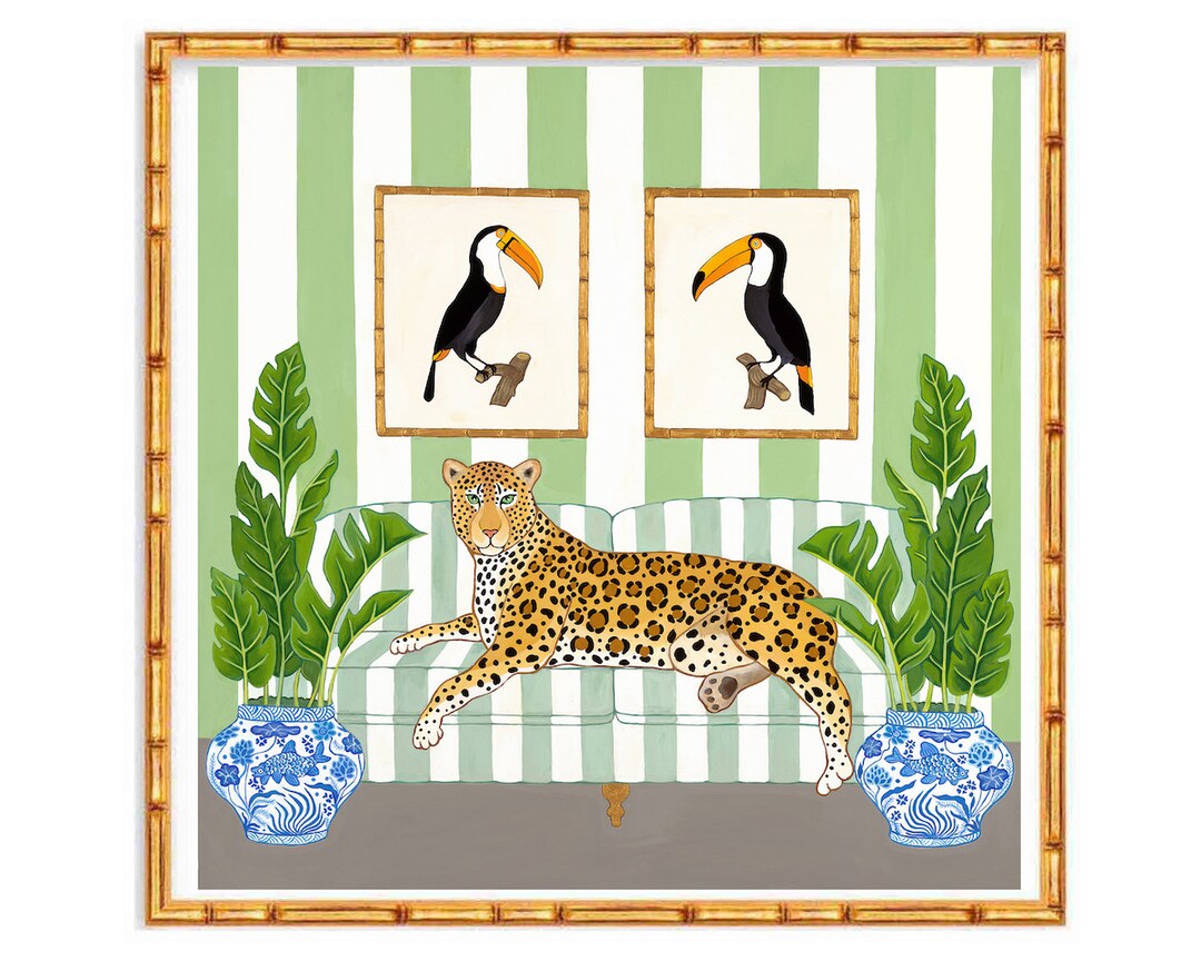 Art Print Leopard in Chinoiserie Living Room With Toucans, Ginger Jars ...
