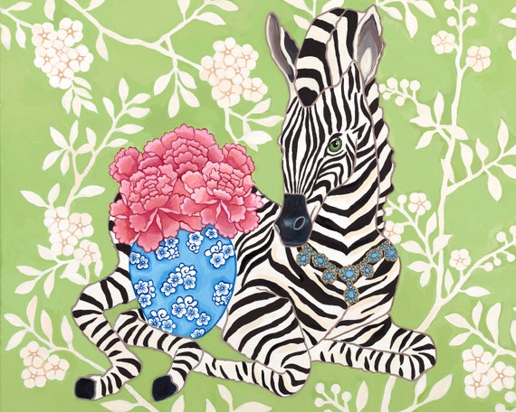Art Print Preppy Zebra With Ginger Jar and Peonies on | Etsy