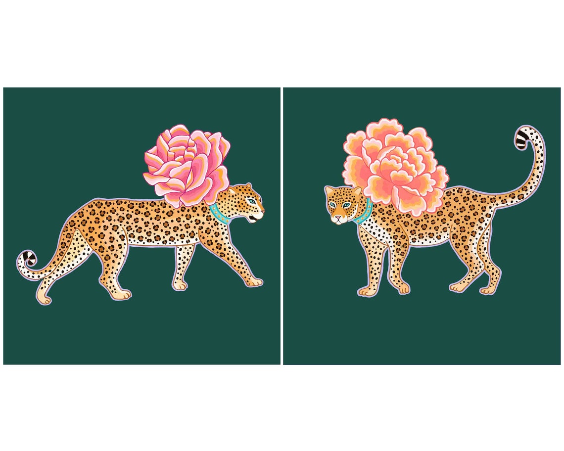 Two Art Prints Chinoiserie Cheetah and Leopard With Asian Peony and ...