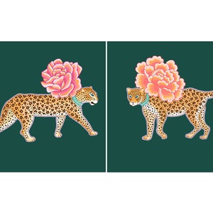 Two Art Prints Chinoiserie Cheetah and Leopard With Asian Peony and ...
