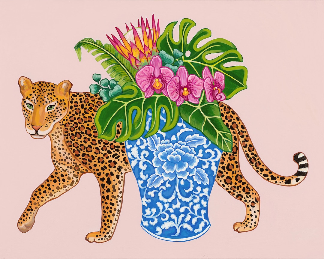 Art Print Chinoiserie Leopard With Blue and White Ginger Jar Vase ...