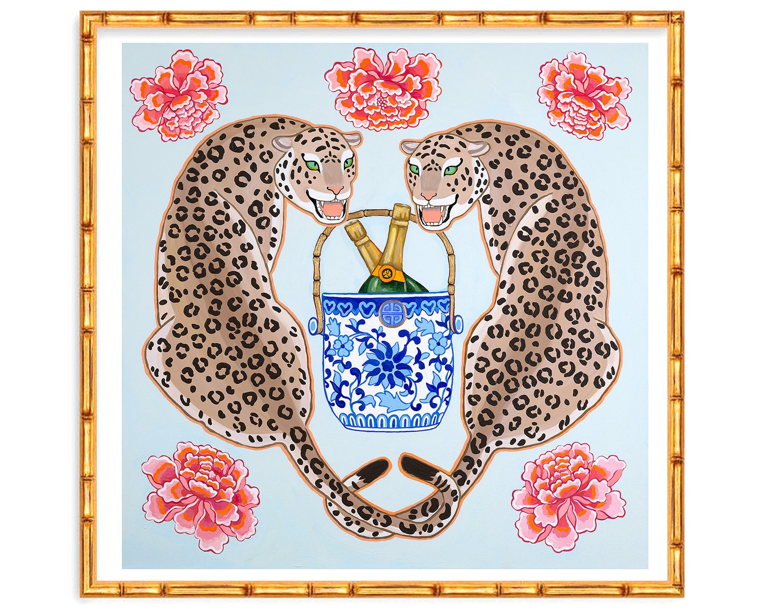 Art Print Chinoiserie Leopards With Asian Peonies and Blue and | Etsy