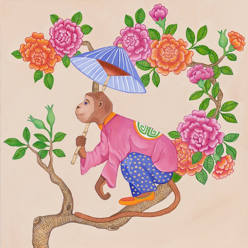 Art Print Chinoiserie Monkey With Umbrella Peonies and Roses | Etsy