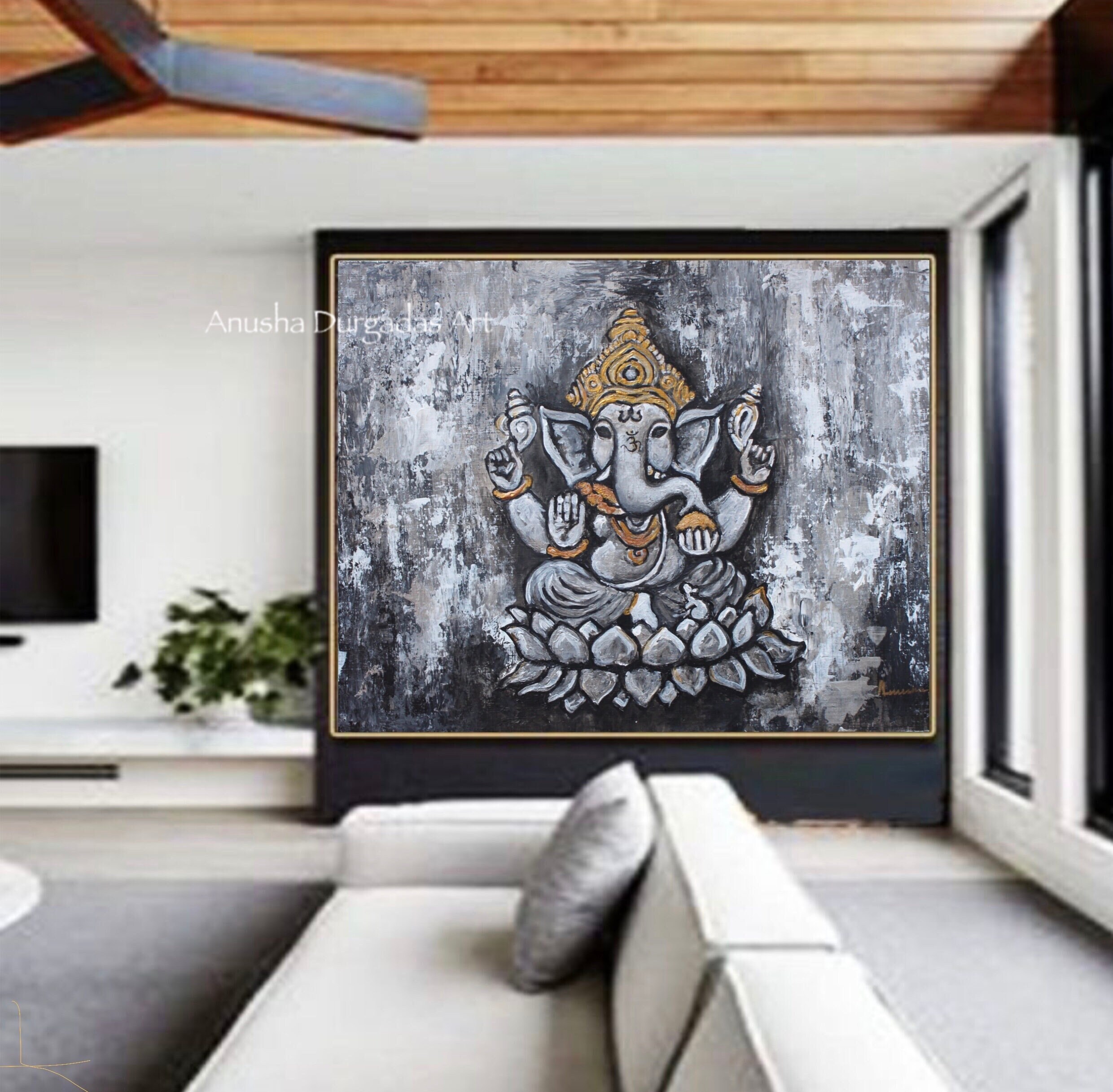 Ganesha Abstract Painting | Indian Wall Decor | Black and White Art ...
