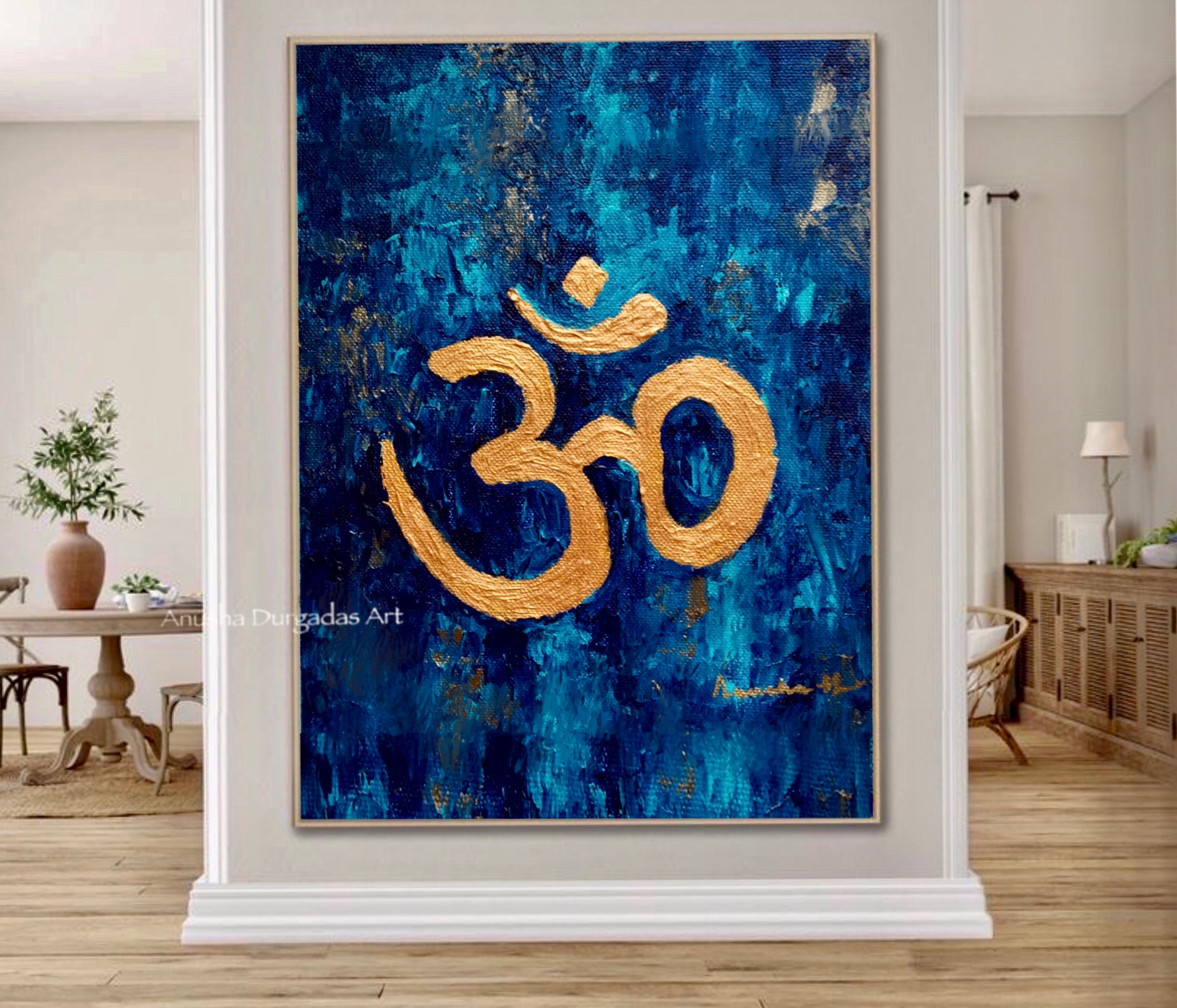 Modern Abstract Blue Gold Om Painting | Indian Decor | OM Shanti ...