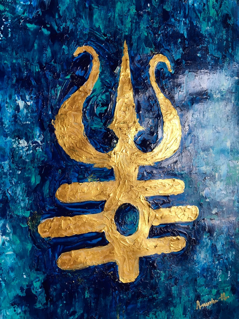 Abstract Trishula Painting in Blue and Gold | Handmade Lord Shiva ...