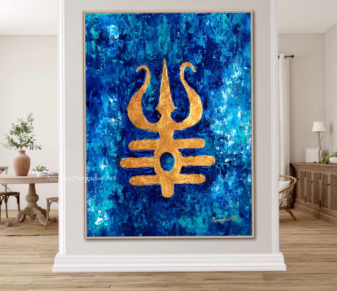Abstract Trishula Painting in Blue and Gold | Handmade Lord Shiva ...