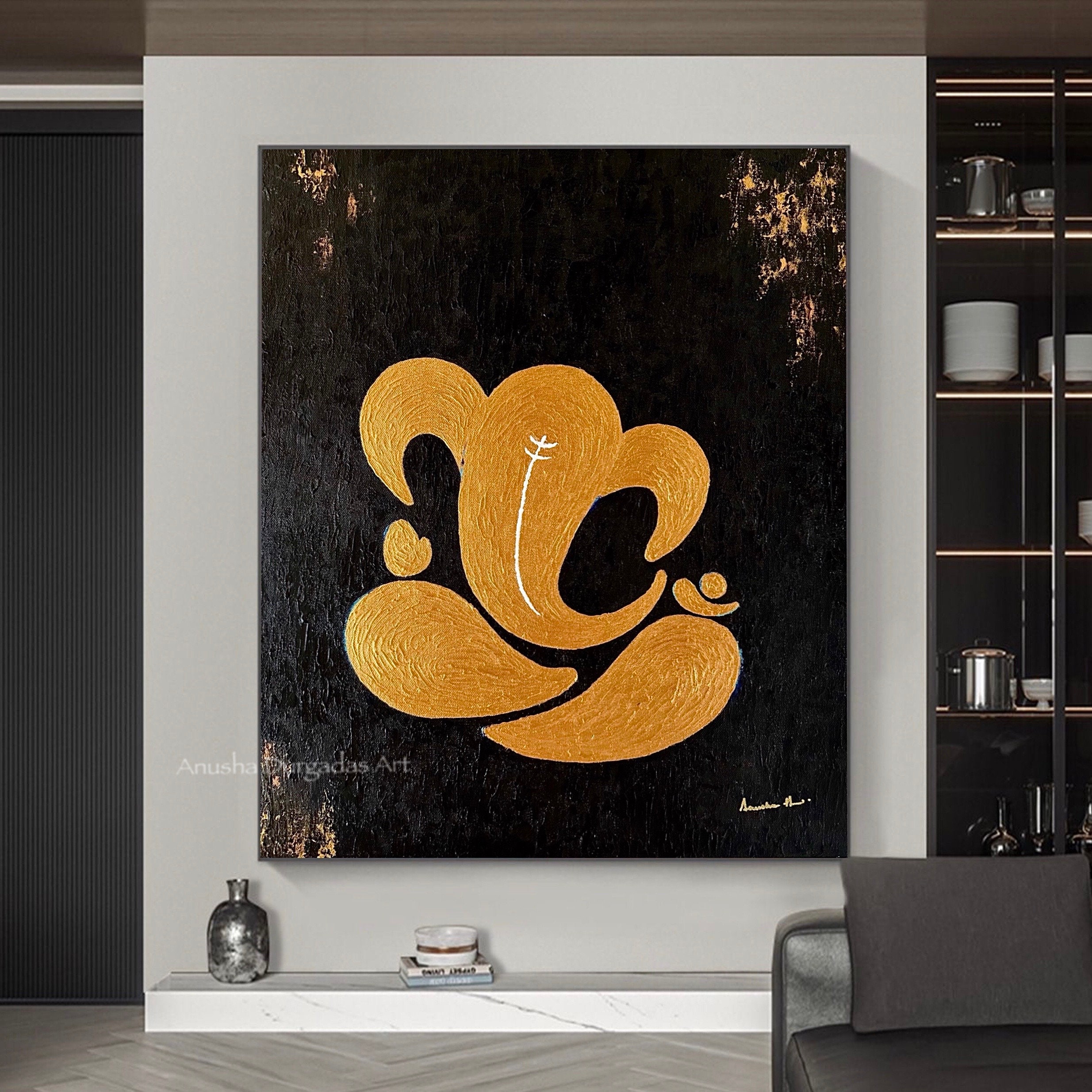Gold Ganesha Painting | Black Abstract Indian Wall Art - Etsy