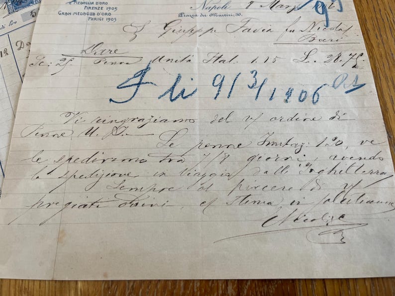 Two Antique Italian Receipts (bari, 1916 & Napoli, 1906) - Etsy