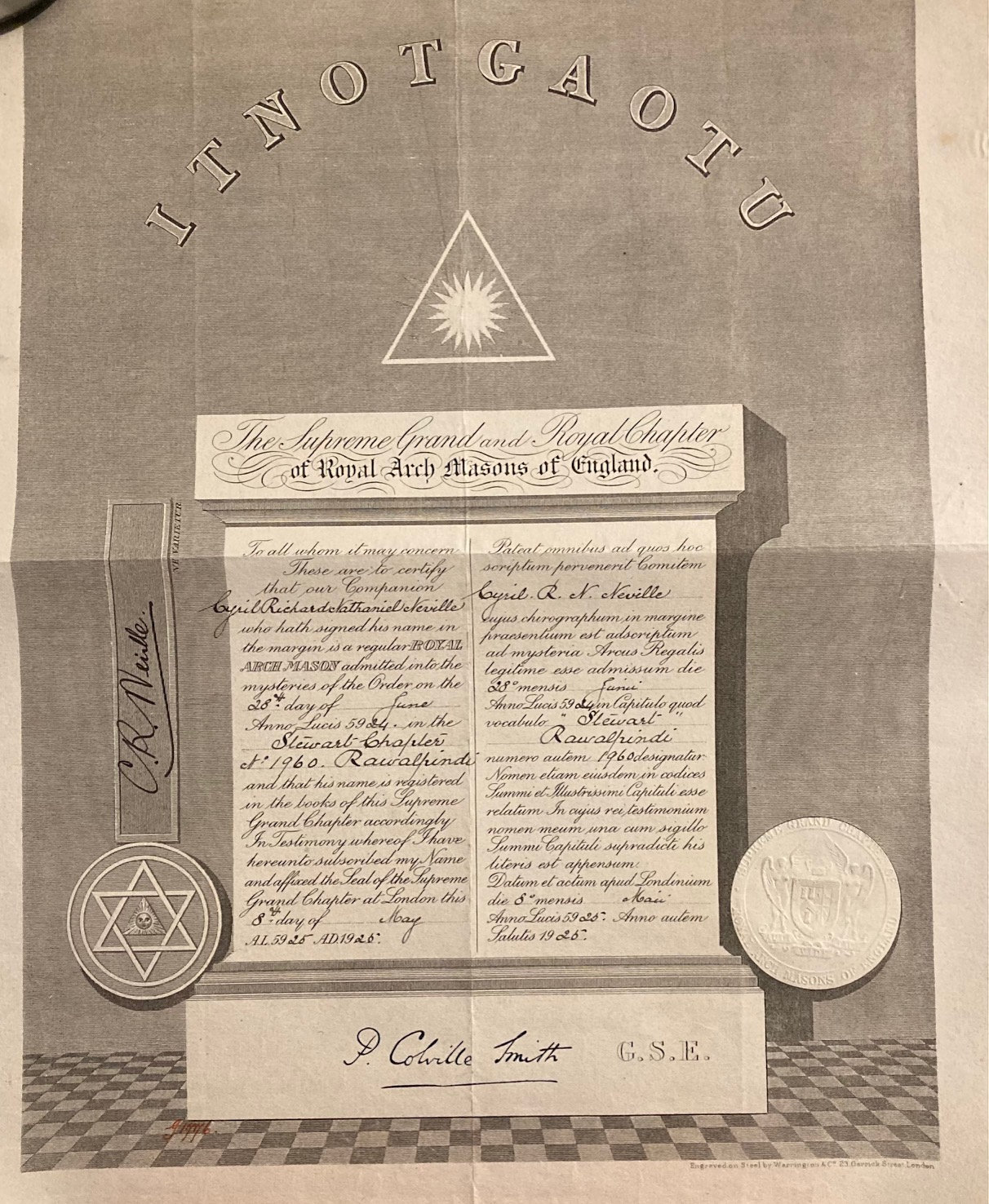 Masonic Certificates Relating to a Cyril R.N. Neville (grand Master ...