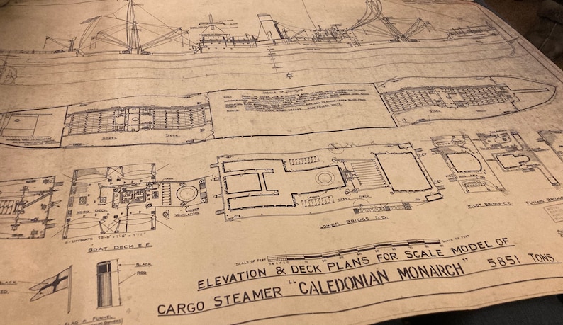 Elevation & Deck Plans of Cargo Steamer Caledonian Monarch - Etsy