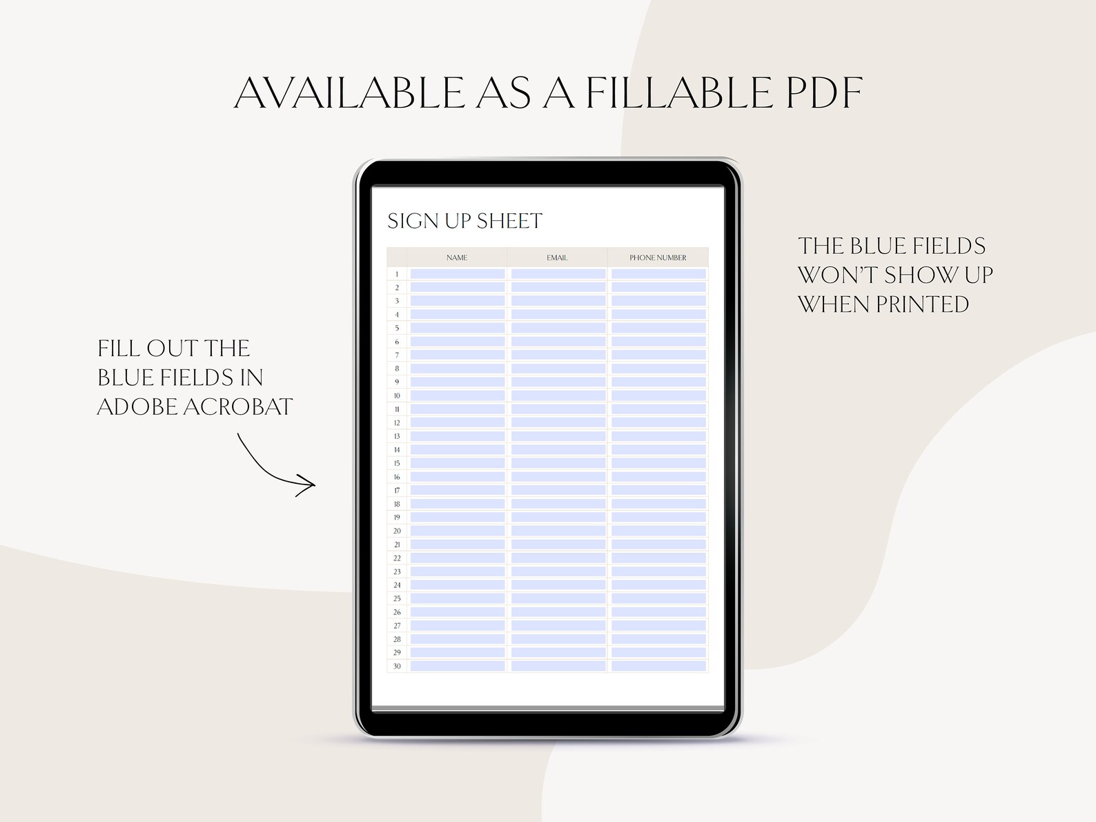 Printable Sign up Sheet, Fillable Sign Up, Instant Download, Digital ...
