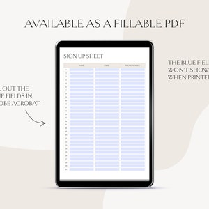 Printable Sign up Sheet, Fillable Sign Up, Instant Download, Digital ...
