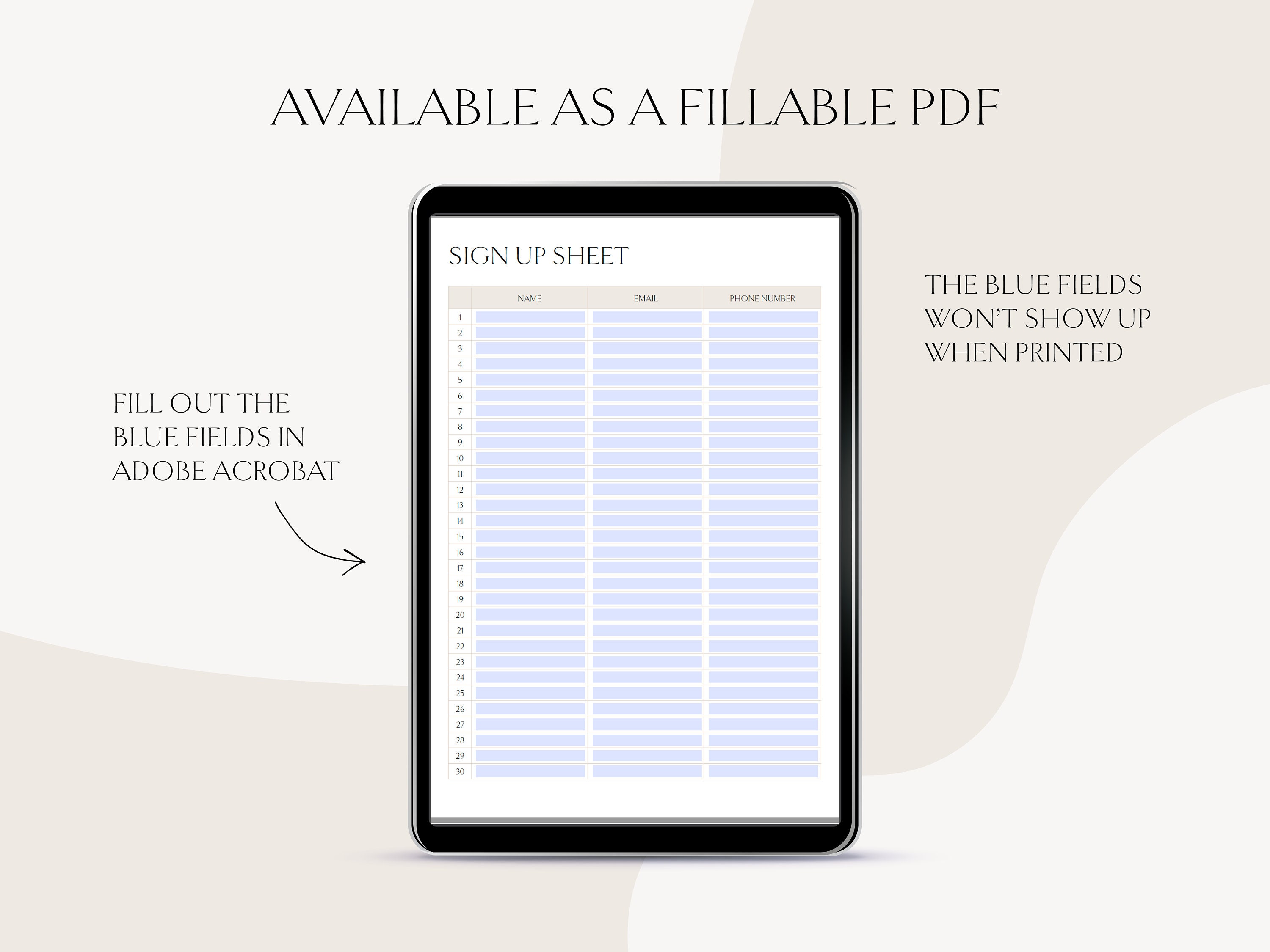 Printable Sign up Sheet, Fillable Sign Up, Instant Download, Digital ...