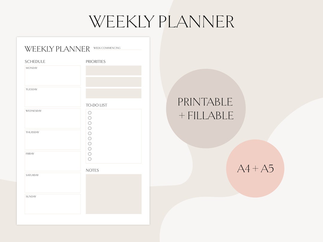 Printable Weekly Planner, Fillable Planner, Instant Download, Digital ...