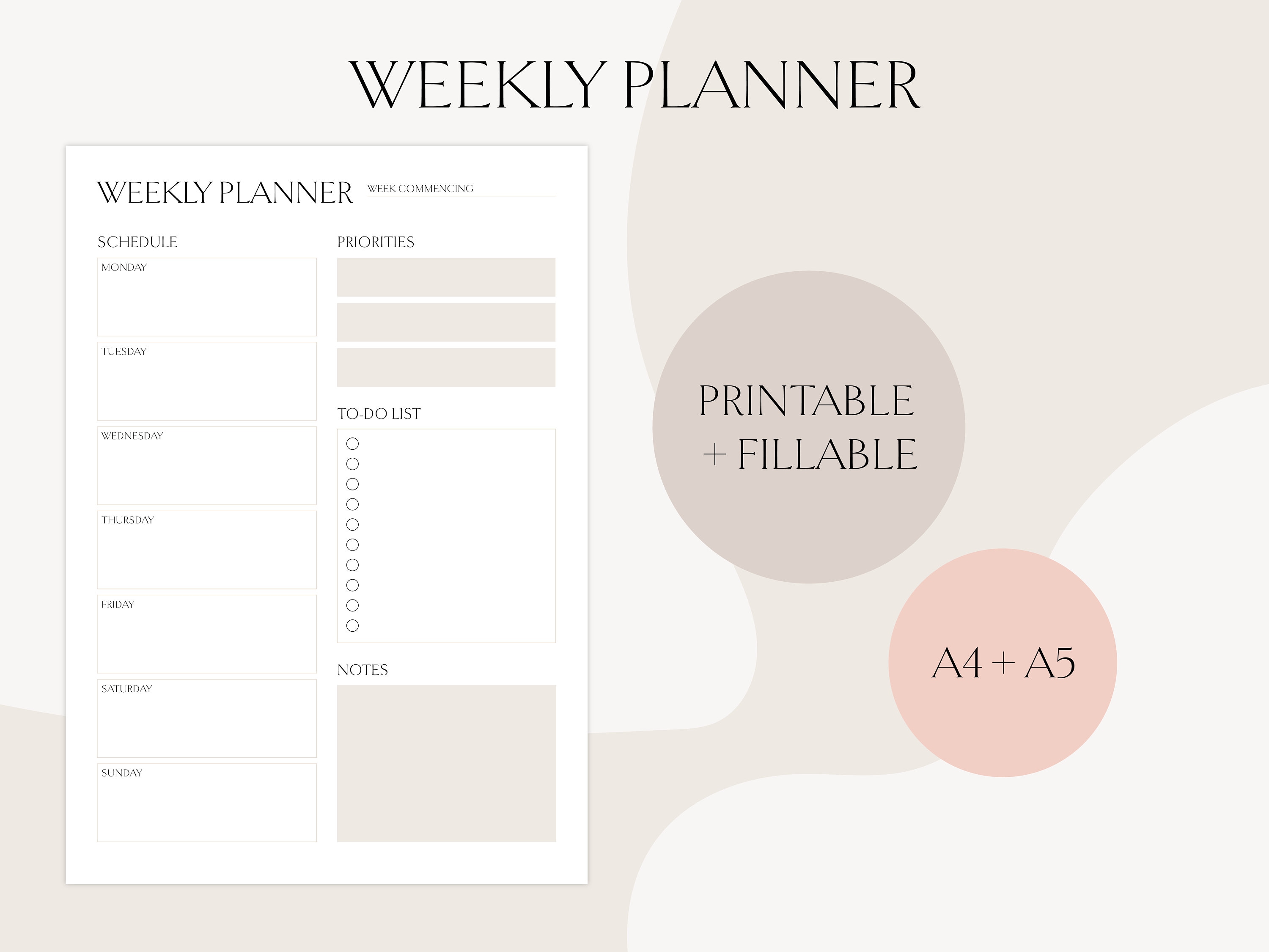 Printable Weekly Planner, Fillable Planner, Instant Download, Digital ...
