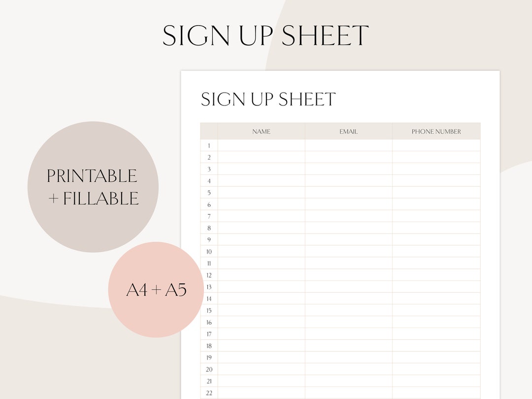 Printable Sign up Sheet, Fillable Sign Up, Instant Download, Digital ...