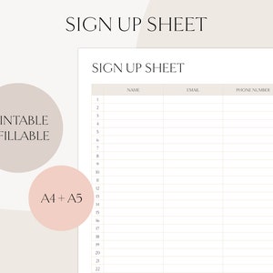 Printable Sign up Sheet, Fillable Sign Up, Instant Download, Digital ...