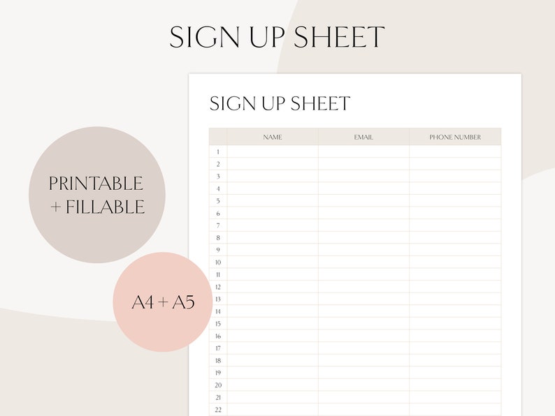 Printable Sign up Sheet, Fillable Sign Up, Instant Download, Digital ...