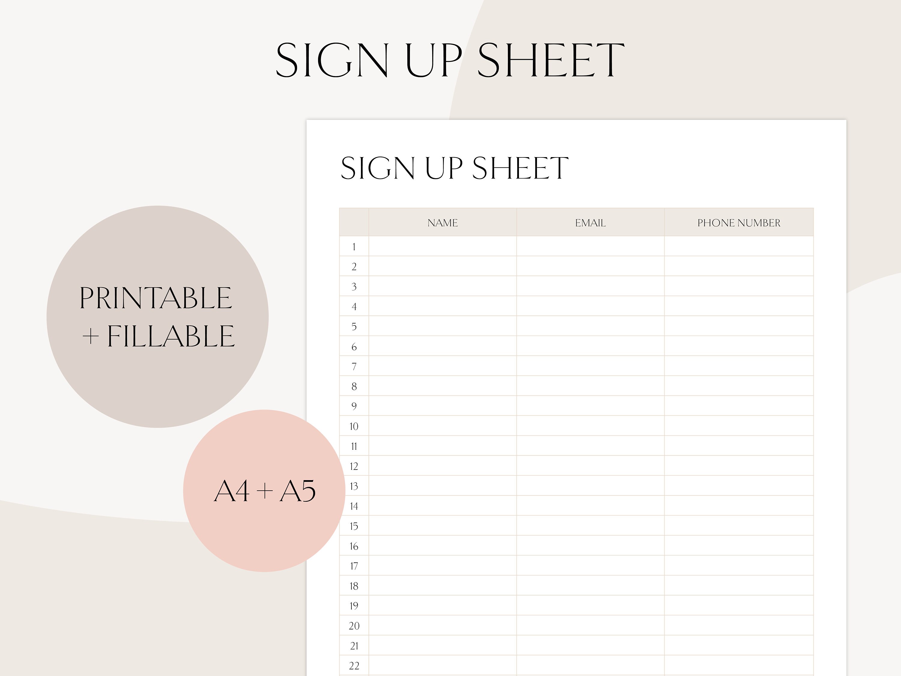 Printable Sign up Sheet, Fillable Sign Up, Instant Download, Digital ...