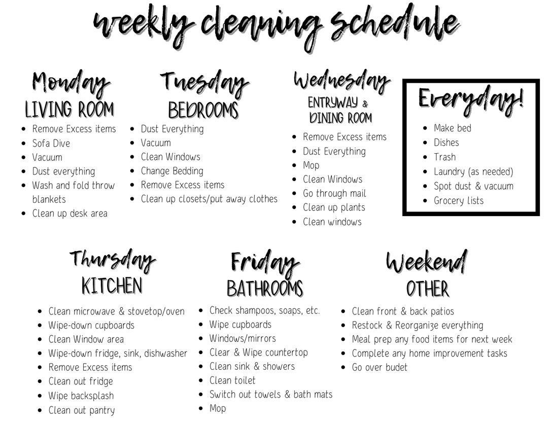 Weekly Cleaning Schedule - BLACK & WHITE ONLY - Etsy