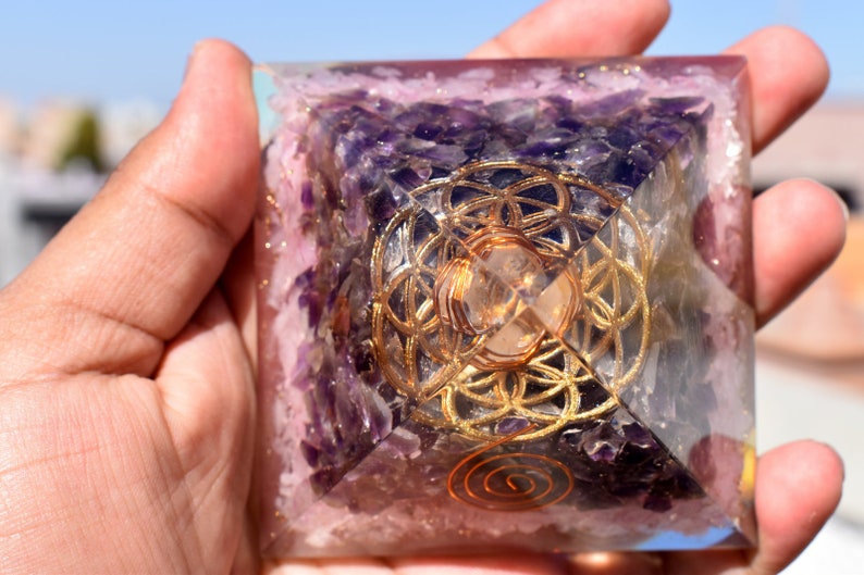 Rose Amethyst Crystal Orgonite Pyramid Flower of Life Energy - Etsy