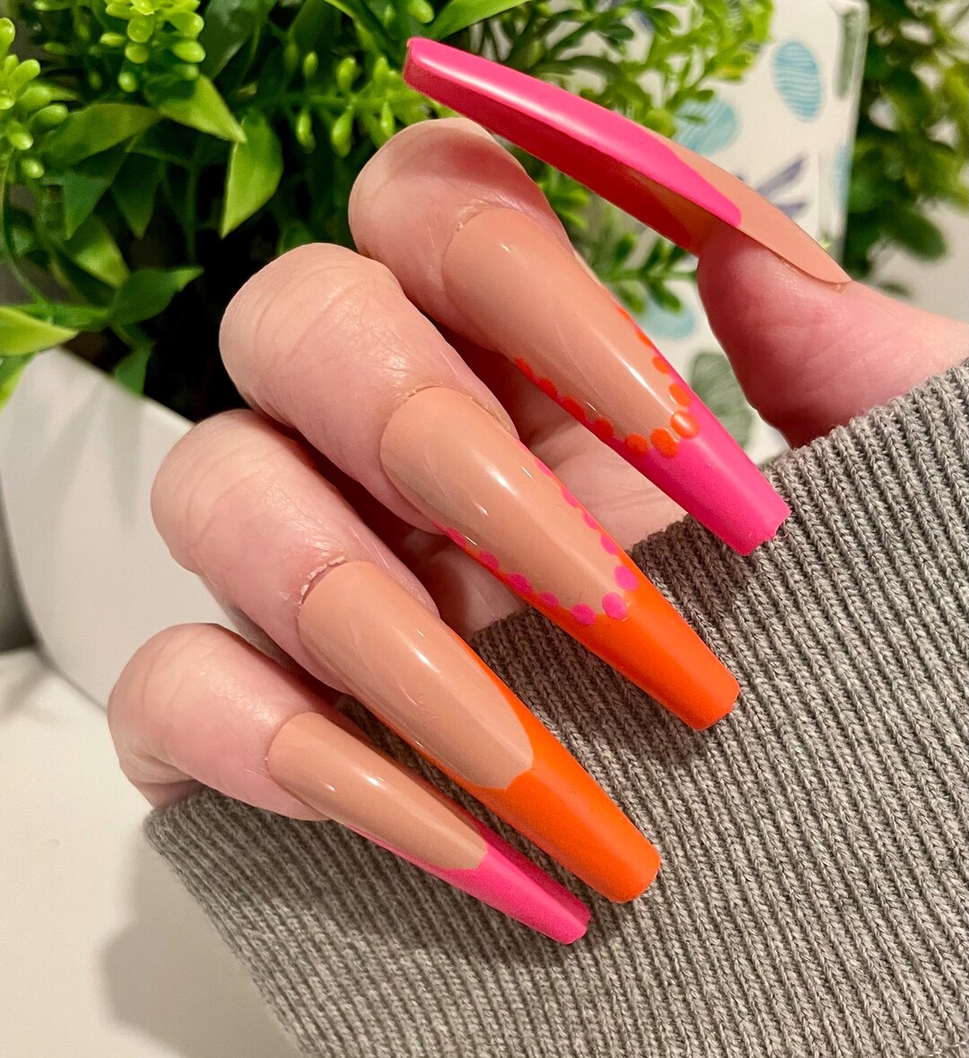 Neon Pink Orange French Tip False Press on Nails - Etsy