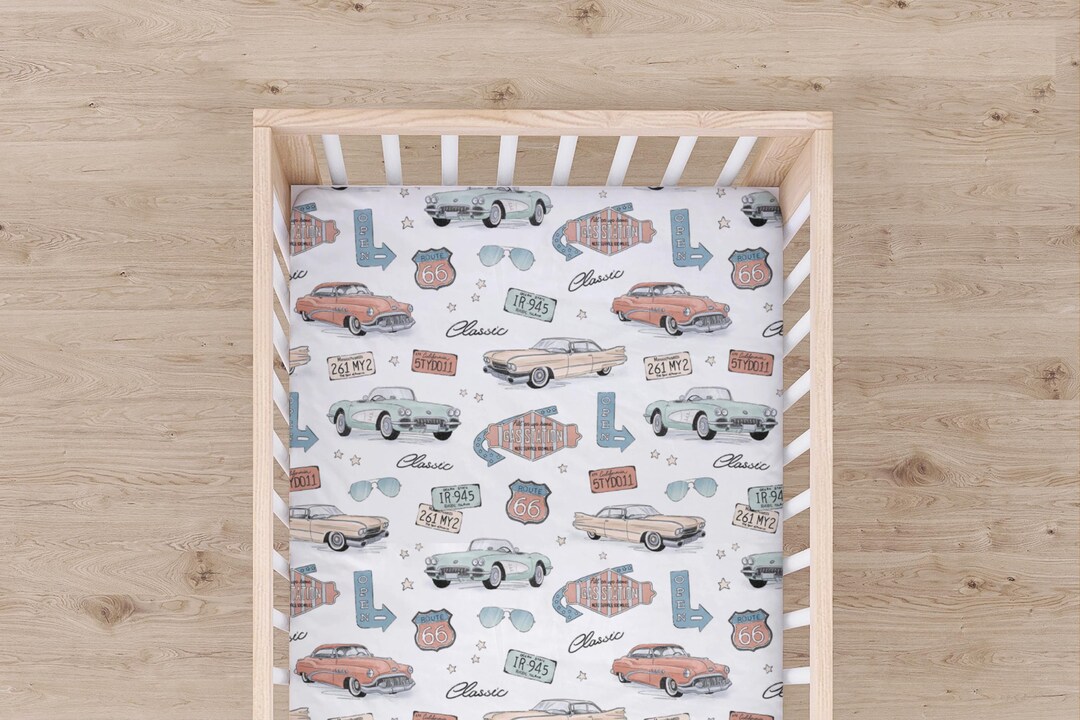 Retro Old Fashioned Car Fitted Crib Sheet, Vintage Automobile Nursery ...