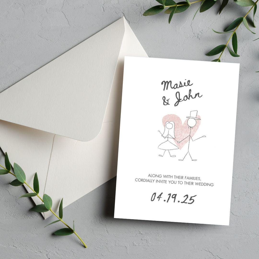Whimsical Stick Figure Wedding Invitation, Fun Goofy Event Invite, Hand ...