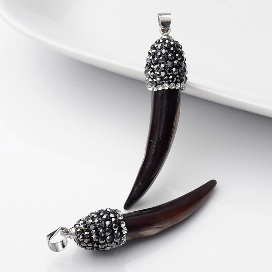 Coconut Brown Shell Tusk Pendants, Platinum Rhinestone Findings, (3 ...