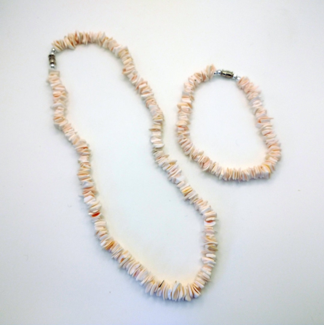 Pink Puka Shell Necklace Anklet Set, Beach Jewelry (6-9mm, 18" & 8.5 ...
