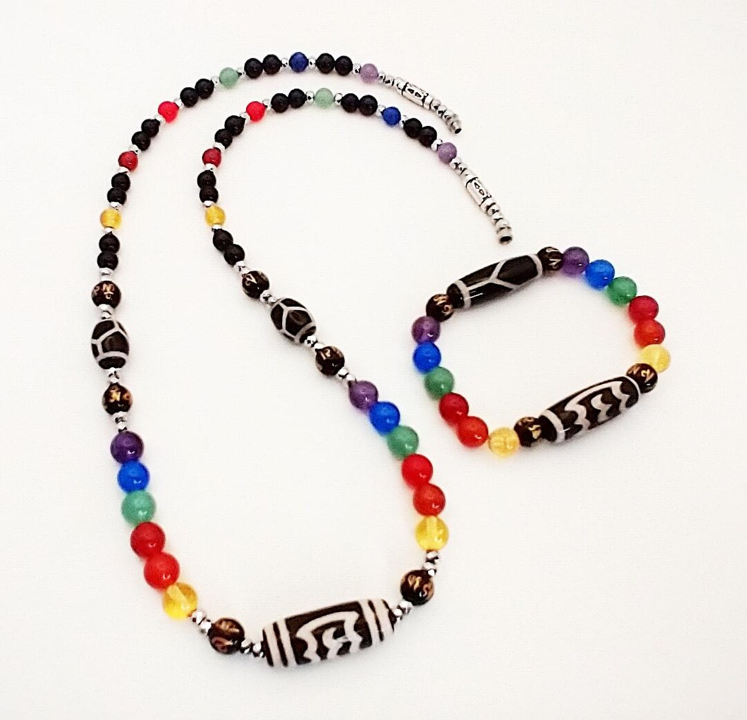 24 Tibetan Garuda and Turtle Back Dzi Rainbow Necklace and Bracelet ...
