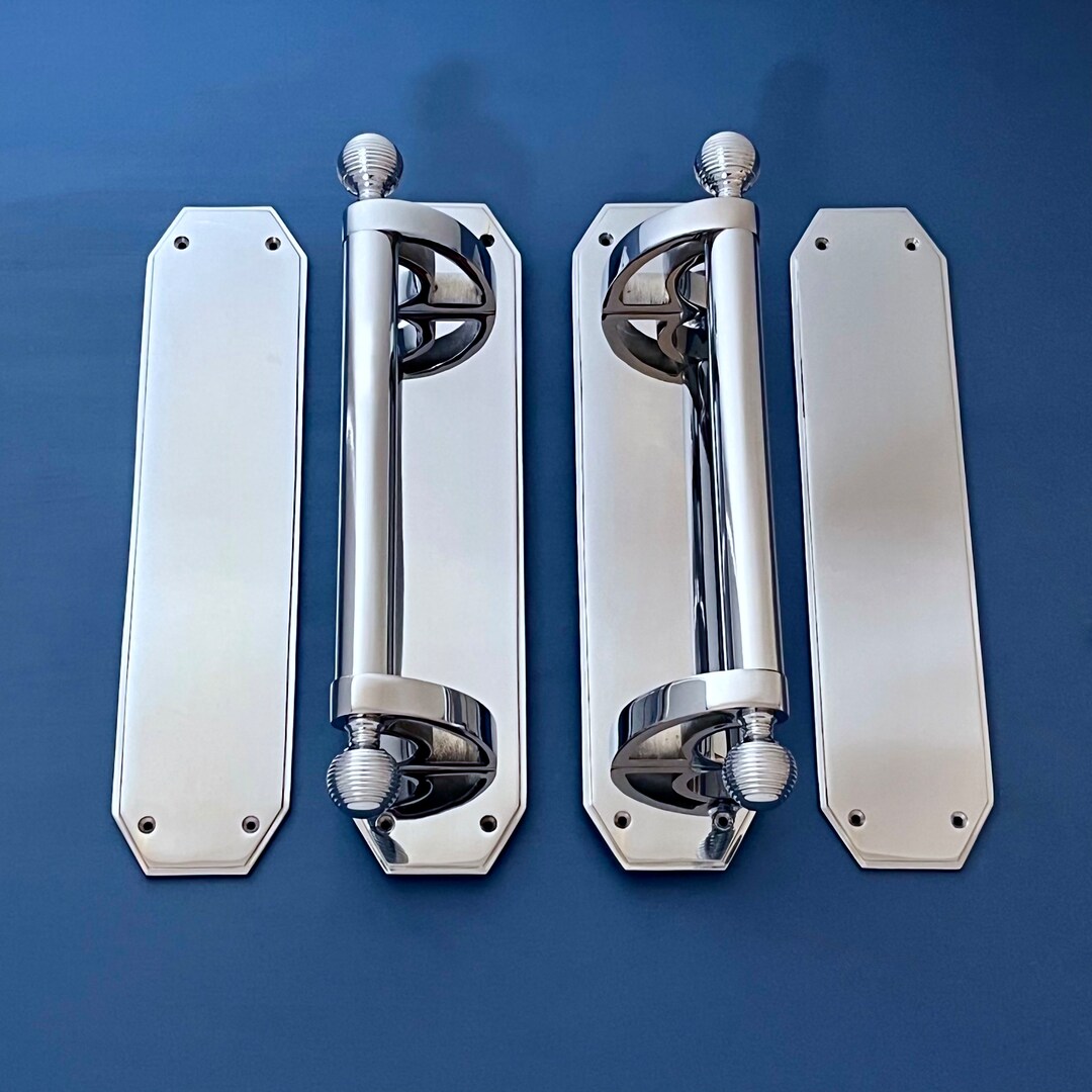 Large 12" Chrome Art Deco Door Pull Grab Handles + Matching Finger Push ...