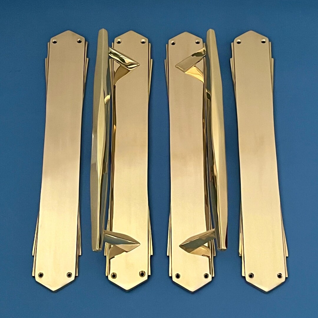 Sets Large 15" Brass Art Deco Door Pull Grab Handles + Matching Finger ...